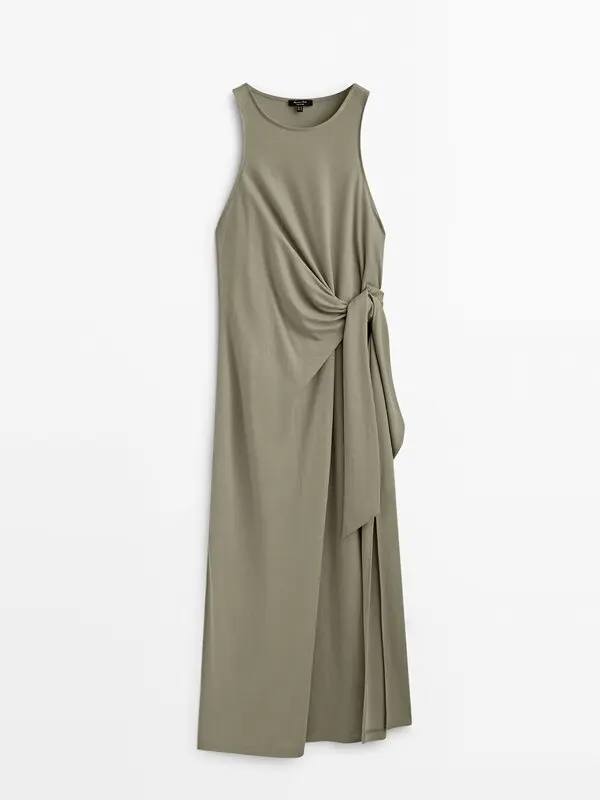 Massimo Dutti Midi Dress With Knot Detail - Pale Khaki